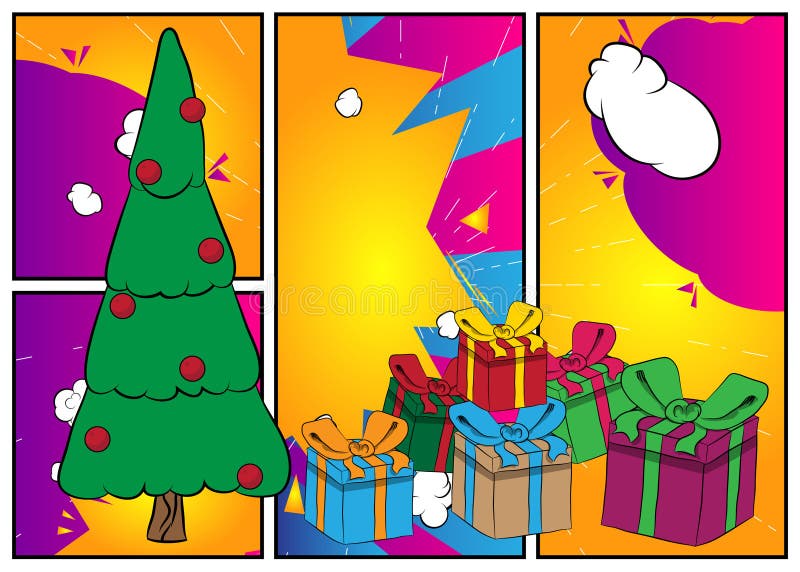 Cartoon Gift Box and Christmas Decorated Pine Tree, Comic Book ...