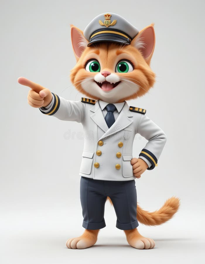 Cartoon Cat Dressed As Captain Pointing Direction Cute Animated ...
