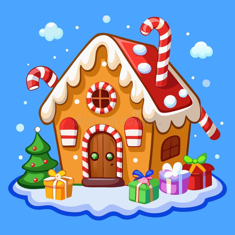 Cartoon Gingerbread House with Candy Canes and Presents, Snow, Festive ...