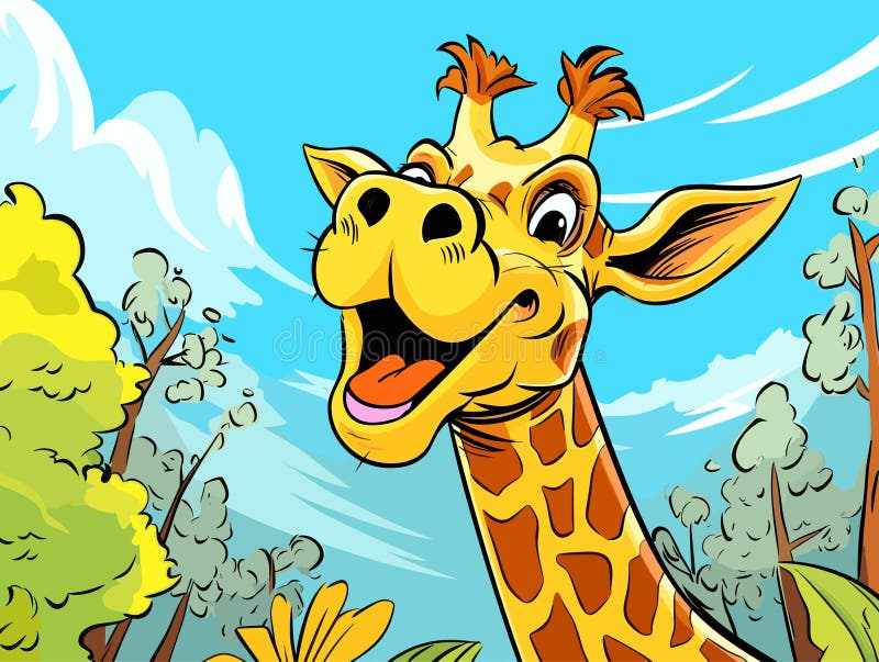 A Cartoon Giraffe with a Blue Sky and Trees - Illustration of Happy ...