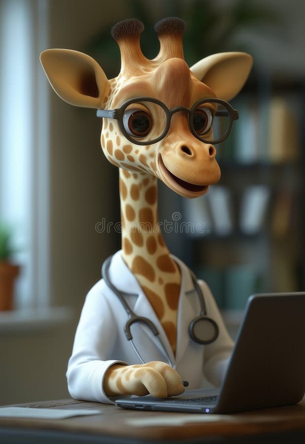 Cartoon Giraffe Doctor Sitting at Table Working on Computer. Stock ...