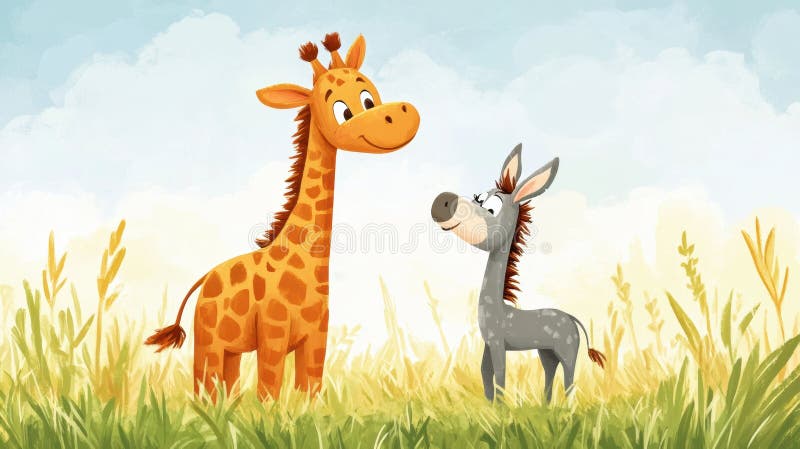 A Cartoon Giraffe and Donkey Standing in a Field of Tall Grass, AI ...
