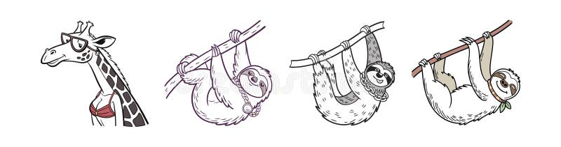 Cartoon Giraffe and Sloths Hanging on Branches Stock Vector ...