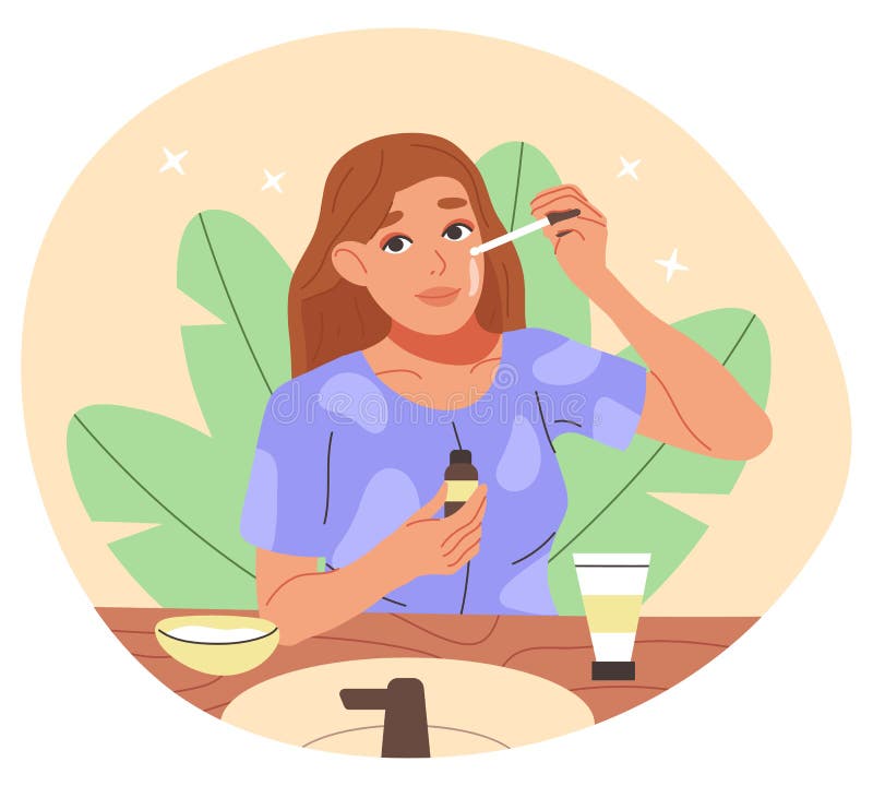 Cartoon Girl Applying Face Serum Woman Skin Care Routine Beautiful