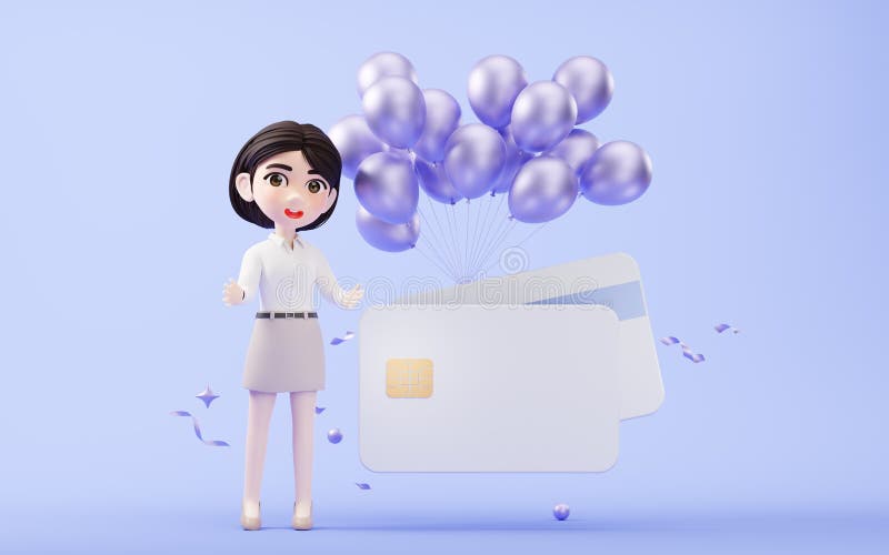 Cartoon Girl with Bank Card, 3d Rendering Stock Illustration ...