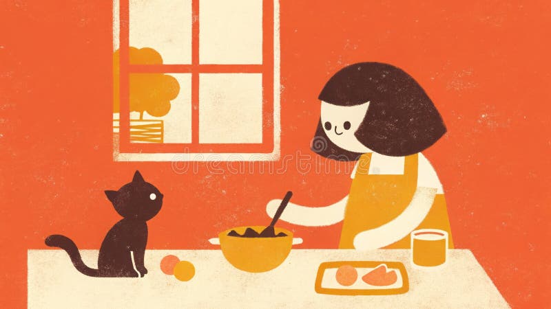 Cartoon Girl and Cat Prepares in a Warm -colored Kitchen Stage, a ...