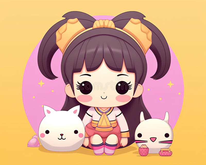 A Cartoon Girl with a Cat and a Rabbit Stock Illustration ...