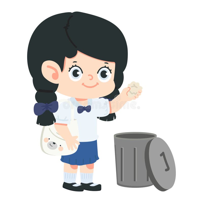 Cartoon Girl Disposing Trash in Bin Stock Illustration - Illustration ...
