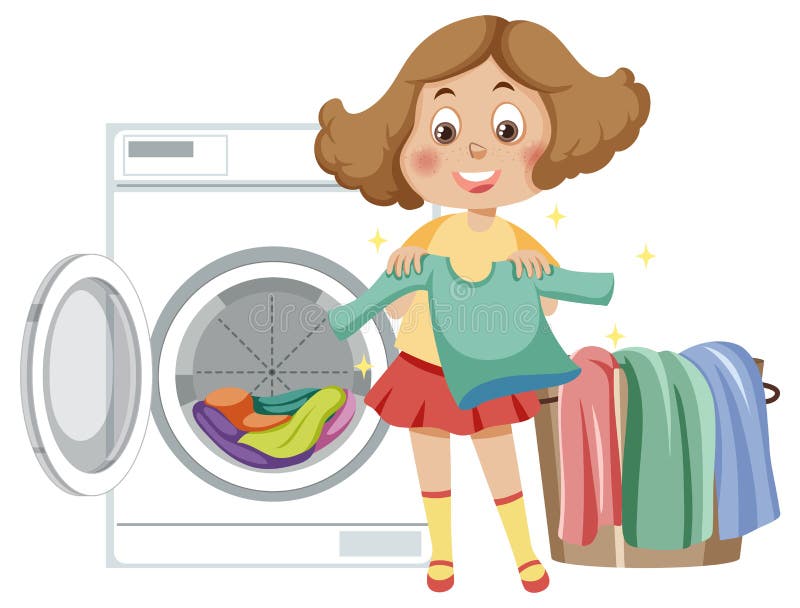 Cartoon Girl Doing Laundry with Washing Machine Stock Vector ...