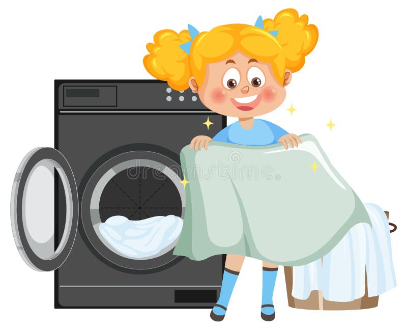 Cartoon Girl Doing Laundry with Washing Machine Stock Vector ...