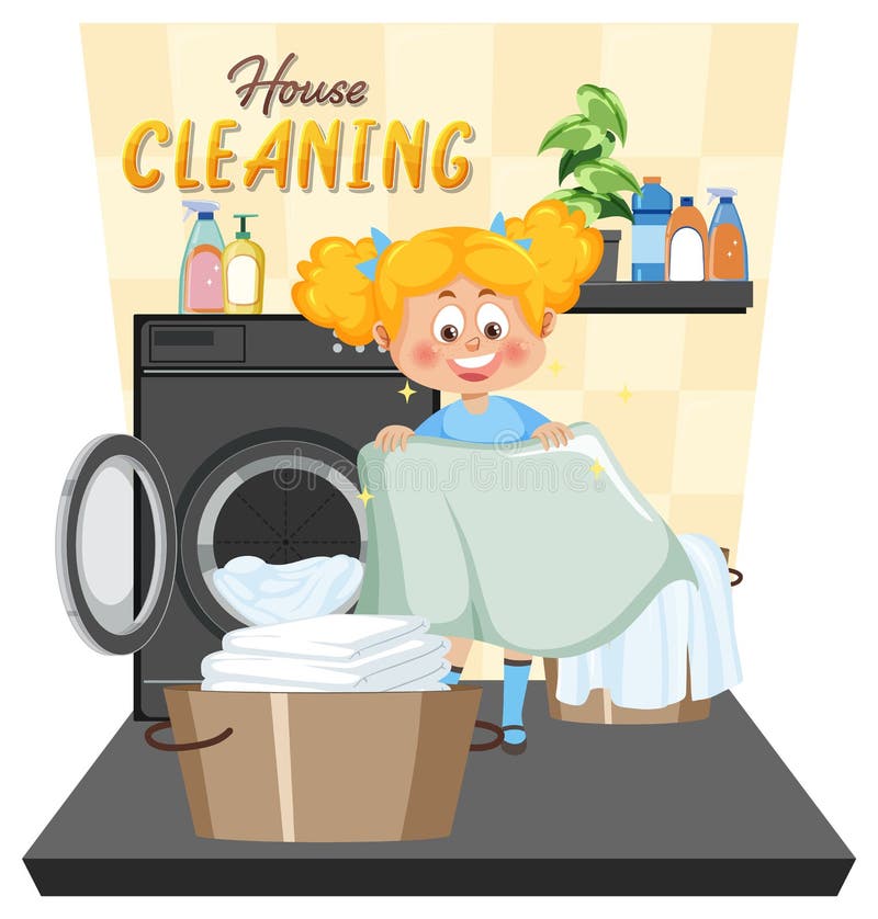 Cartoon Girl Doing Laundry with Washing Machine Stock Vector ...