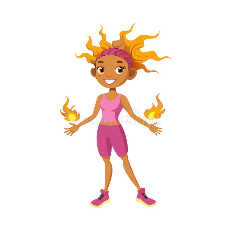 Cartoon Girl with Fire Magic Powers, Colorful Vector Illustration on ...