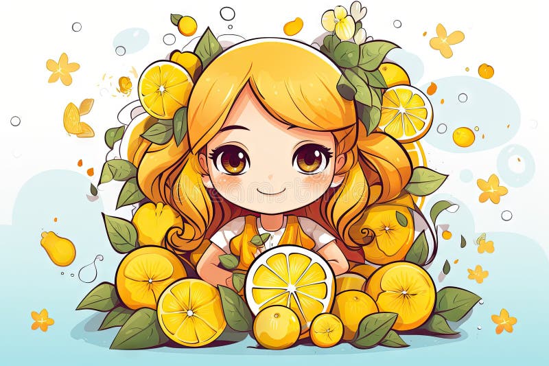 A Cartoon Girl with Oranges and Lemons Around Her. Generative Ai Stock ...