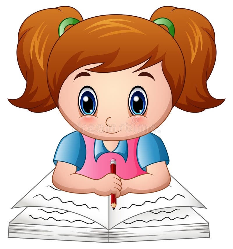 Little Girl Cartoon Writing On A Book Stock Vector - Illustration of ...