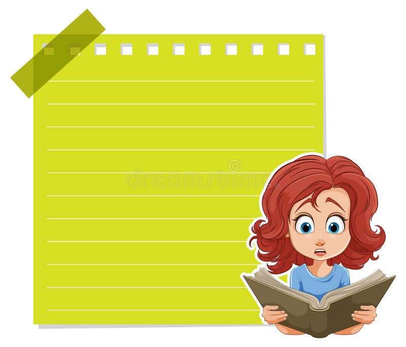 A Girl Reading Book beside Large Yellow Notepad Stock Vector ...
