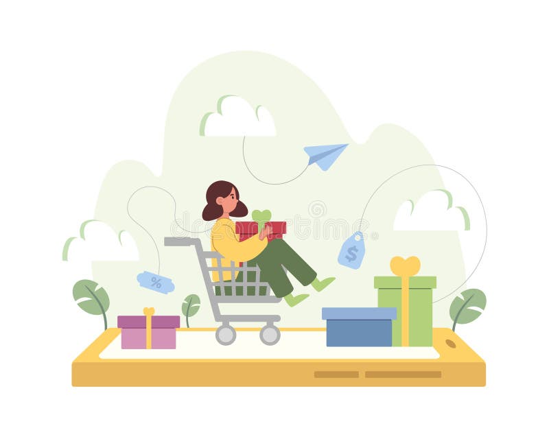 Vector of Girl Rides in Shopping Cart with Gifts on Her Cell Phone ... Vector of Girl Rides in Shopping Cart with Gifts on Her Cell Phone ...