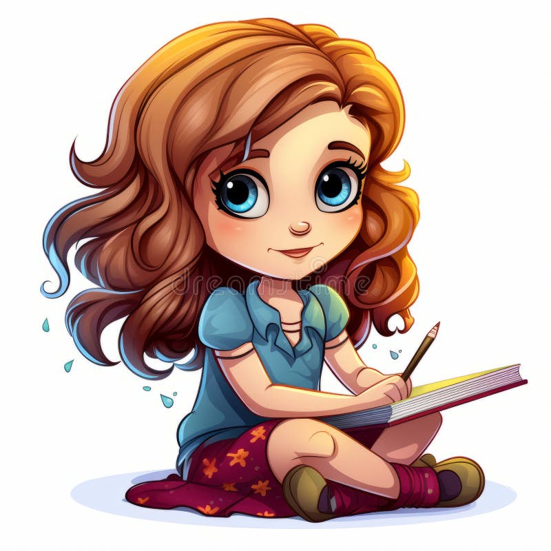 A Cartoon Girl Sitting Down and Writing with a Pen Stock Illustration ...