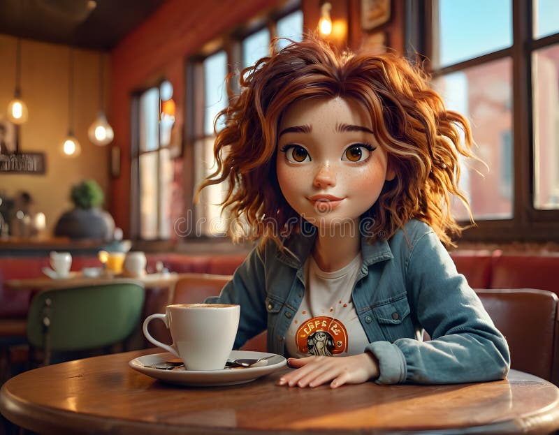 A Cartoon Girl is Seated at a Table with a Coffee Cup Stock ...