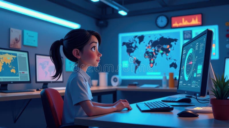 Cartoon Girl Working on Computer with World Map in Background Stock ...