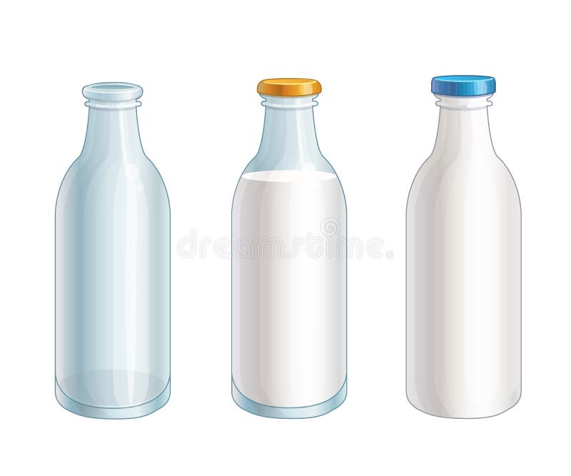 Cartoon Glass and Plastic Milk, Empty Bottles Isolated Stock ...