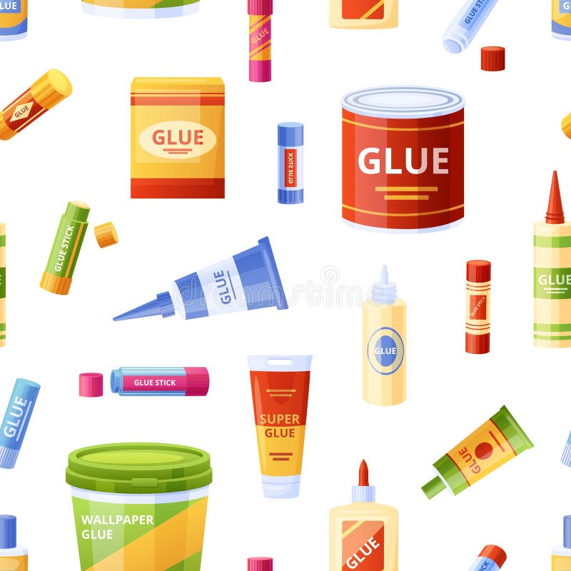 Cartoon Glue Seamless Pattern. Glue in Pencil, Box and Plastic ...