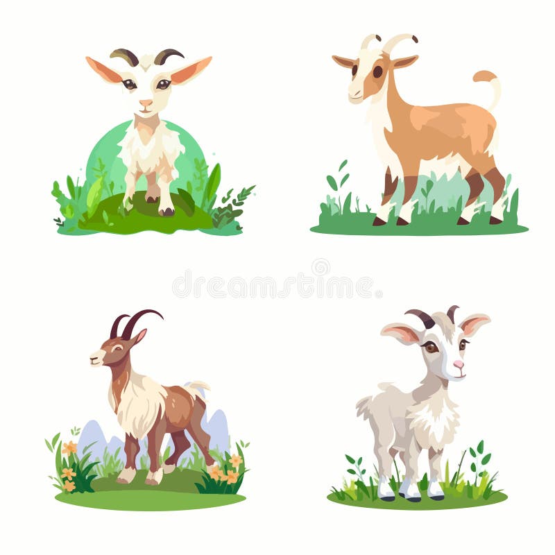 Cartoon Goat with Different Poses in Meadow Grass Flat Vector Stock ...