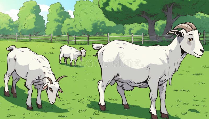 A Cartoon of a Goat and Two Baby Goats in a Field Stock Illustration ...