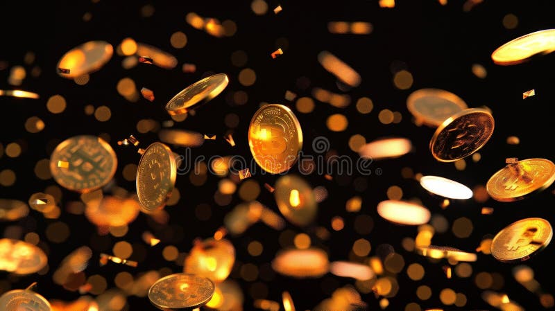 Cartoon Gold Coins Falling Against Black Background Stock Illustration ...