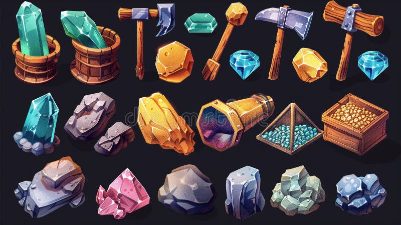 Cartoon Gold and Gemstones with Mining Tools for Game UI Stock ...