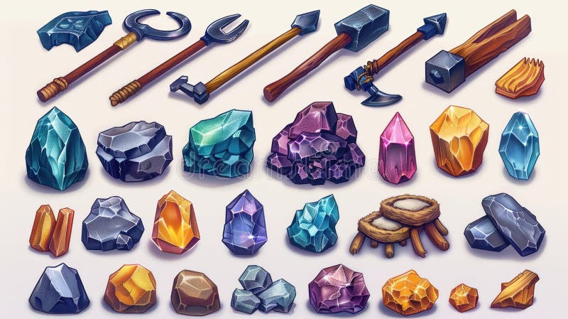 Cartoon Gold and Gemstones with Mining Tools for Game UI Stock ...