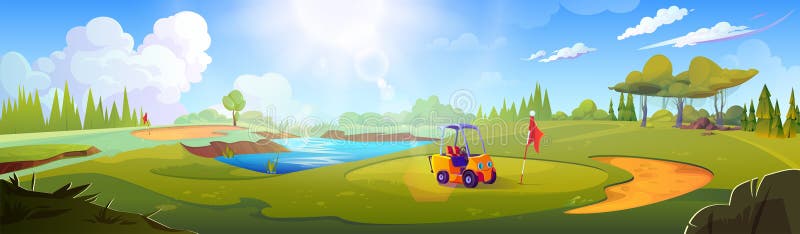 Cartoon Golf Field with Green Grass, Sand and Lake Stock Vector ...