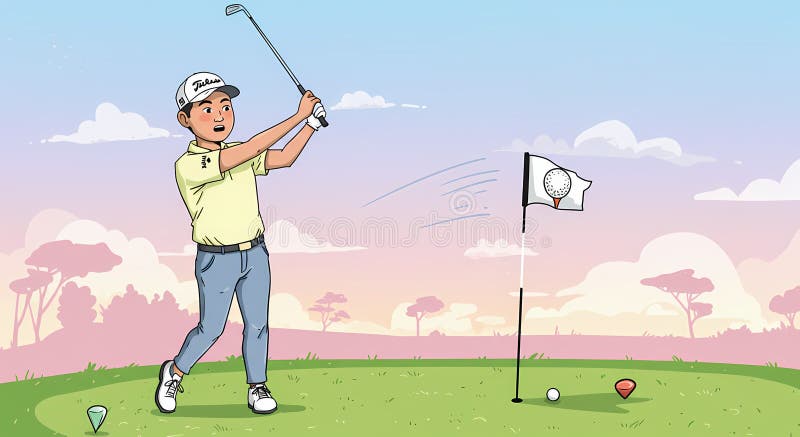 Cartoon Golfers Playing Golf. Vector Illustration of a Golf Course ...