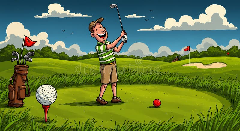 Cartoon Golfers Playing Golf. Vector Illustration of a Golf Course ...
