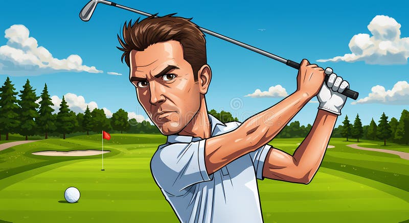 Cartoon Golfers Playing Golf. Vector Illustration of a Golf Course ...