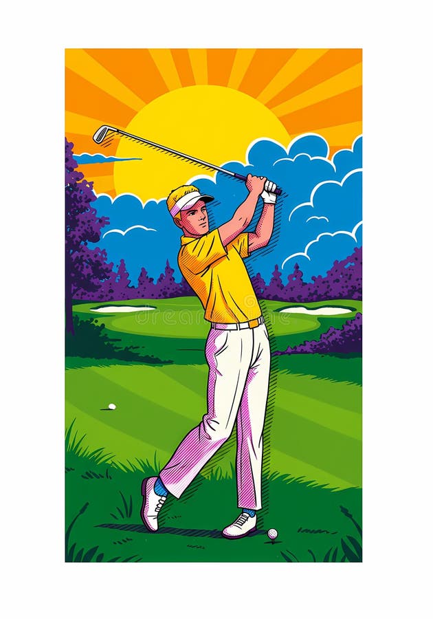 Cartoon Golfers Playing Golf. Vector Illustration of a Golf Course ...