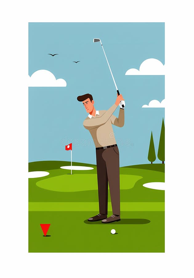 Cartoon Golfers Playing Golf. Vector Illustration of a Golf Course ...