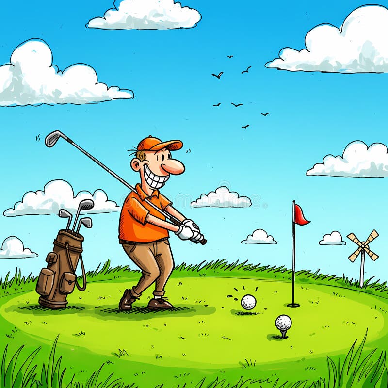 Cartoon Golfers Playing Golf. Vector Illustration of a Golf Course ...