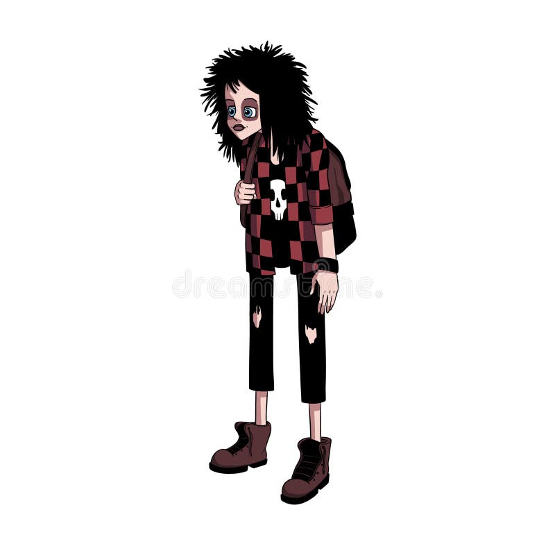 Cartoon Goth Grunge Black Girl with Boots and Backpack Stock Vector ...