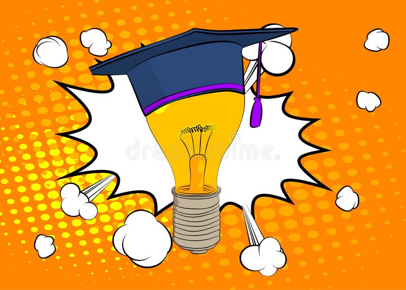 Cartoon Graduation Hat on a Light Bulb, Comic Book Education. Retro ...