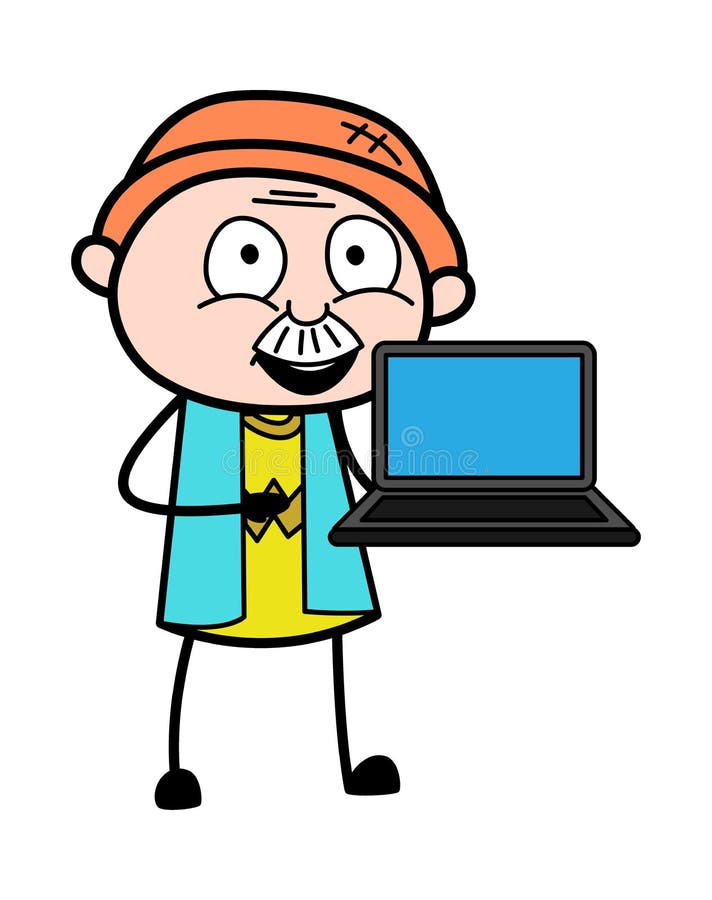 Grandpa with Laptop Vector. Cute Cartoon Senior Man is Surfing in ...