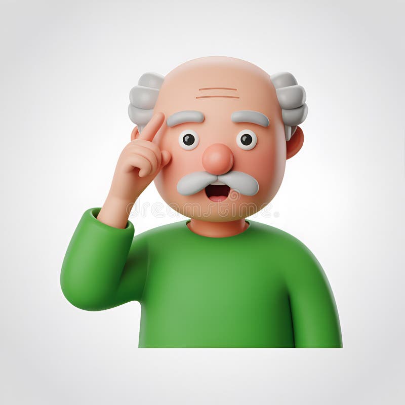 Cartoon Grandpa Thinking with Finger on Head Against a Plain Studio ...