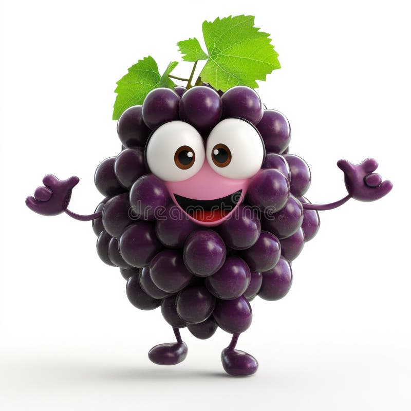 A Cartoon Grape with a Green Leaf on Top is Smiling and Waving Stock ...