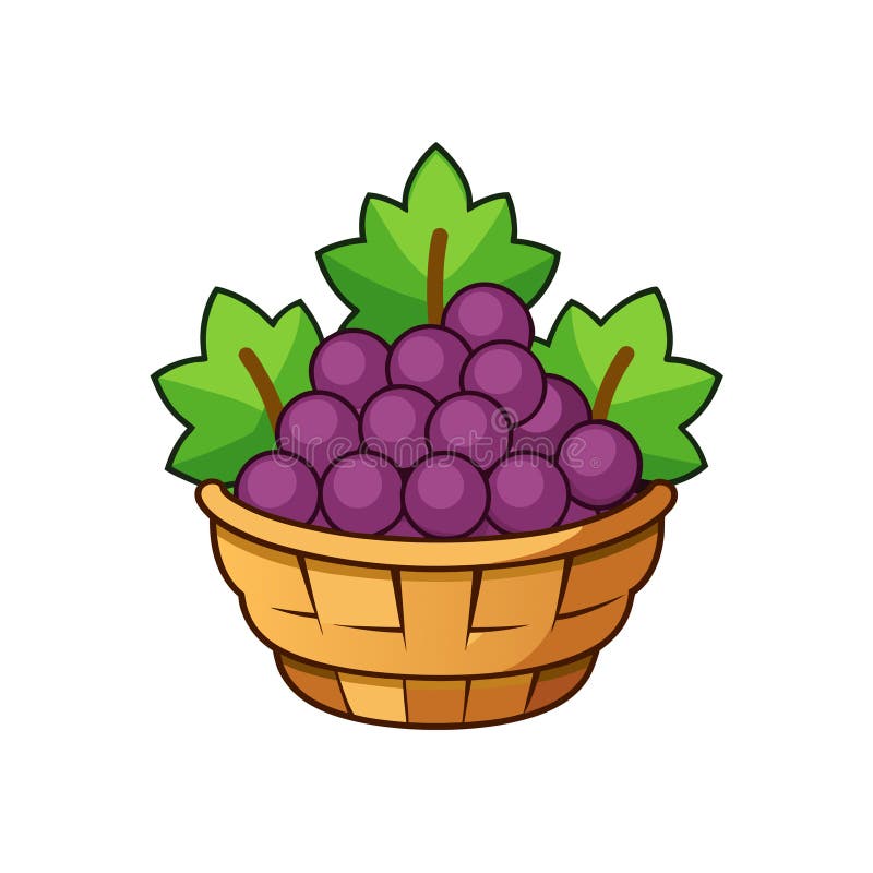 Cartoon Grapes in Basket with Green Leaves Stock Illustration ...