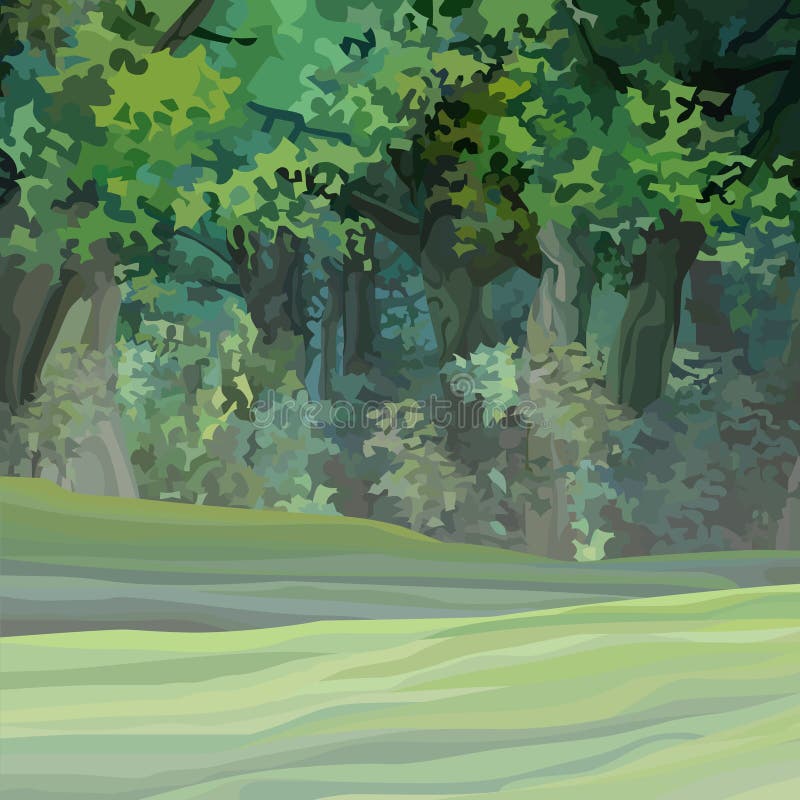 Cartoon Green Dense Summer Forest with Empty Green Glade Stock Vector ...