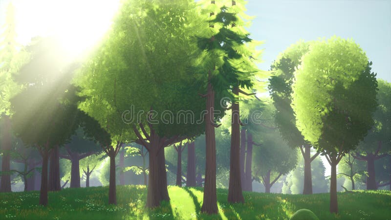 Cartoon Green Forest Landscape with Trees and Flowers Stock ...