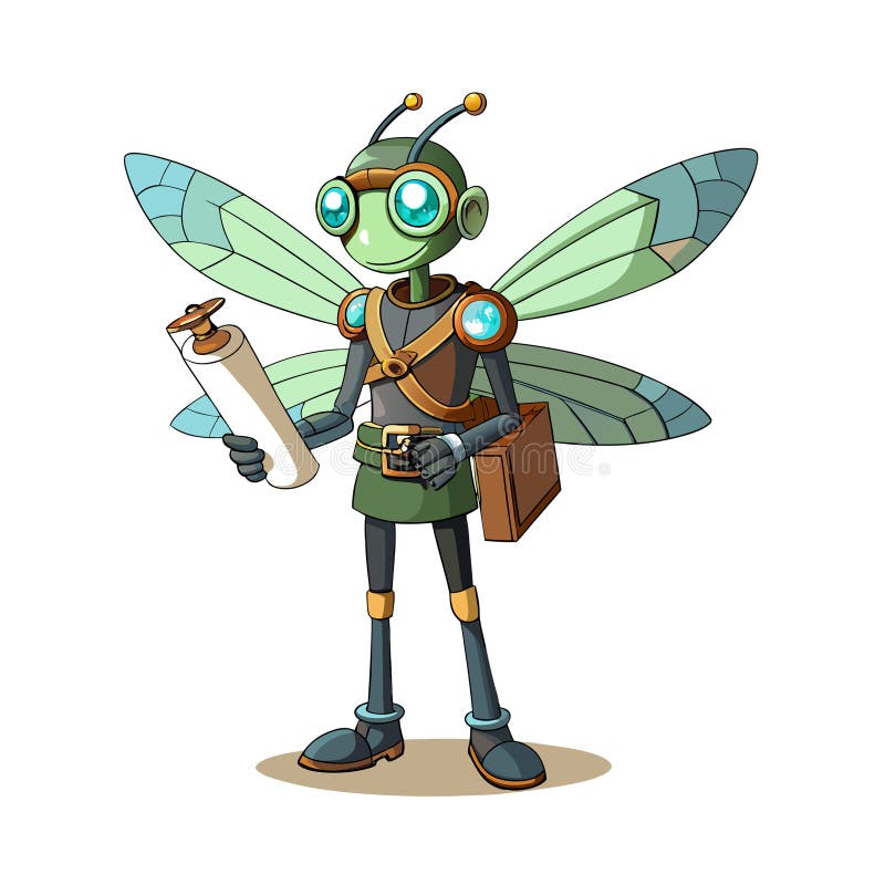 Cartoon Green Robotic Insect with Wings, Eyeglasses, and Document ...