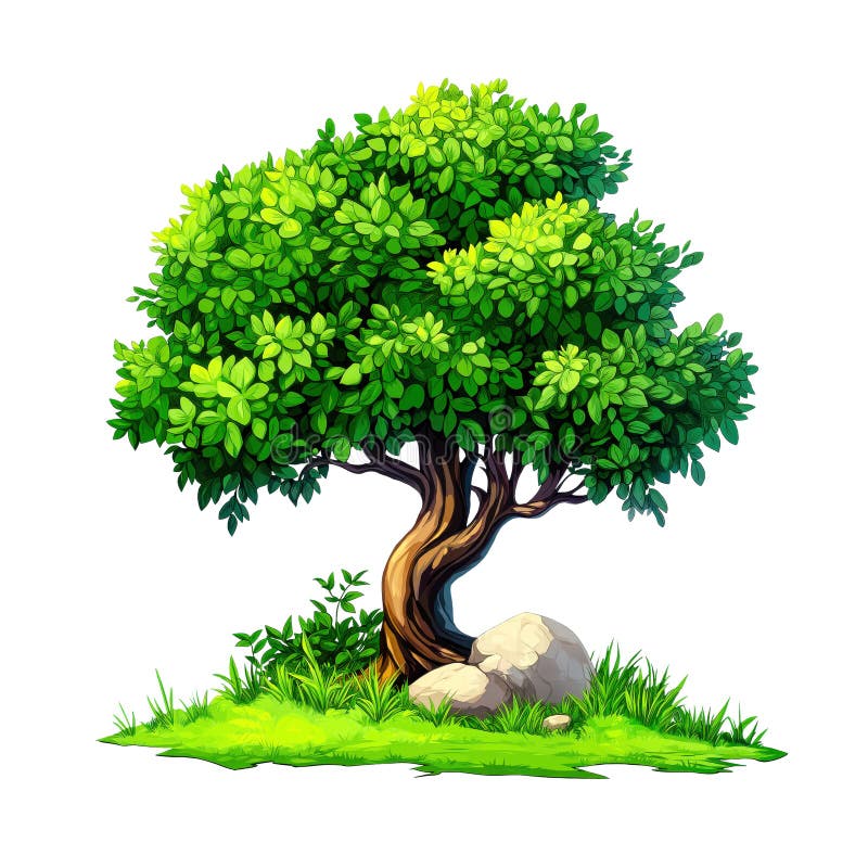 Cartoon Green Tree with Rocks and Grass on White Background Stock ...