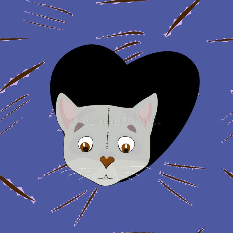 Cartoon Grey Cat in the Heart on Scratch Background. Stock Vector ...