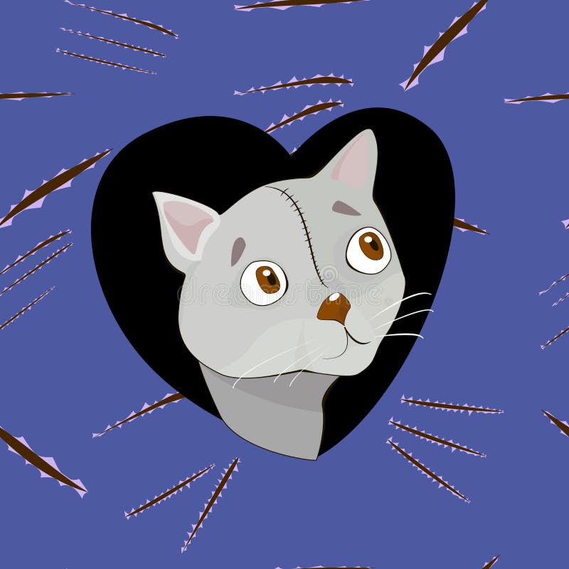 Cartoon Grey Cat in the Heart on Scratch Background. Stock Vector ...