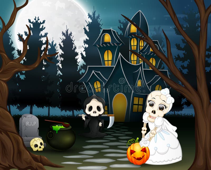 Cartoon of Grim Reaper and Skull Bride in the Halloween Day Stock ...